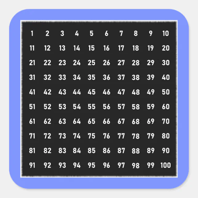 Hundred Numbers Chart White on Blackboard, Blue Square Sticker | Zazzle