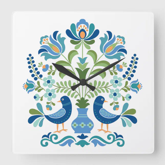 Hungarian Folk Design Birds Square Wall Clock | Zazzle