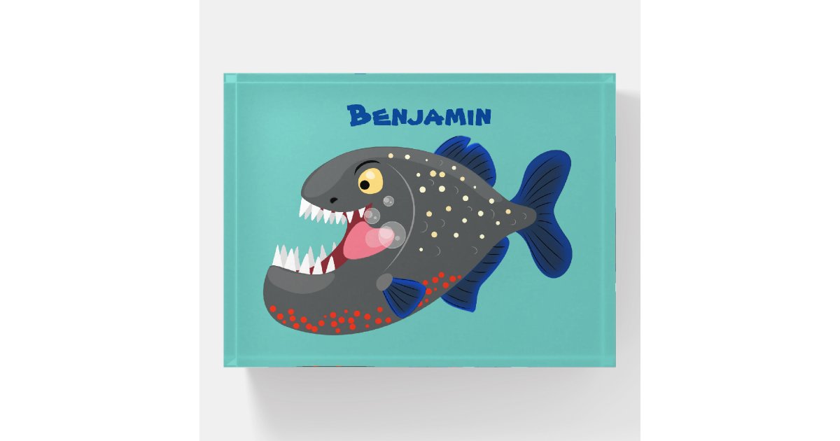 Hungry funny piranha cartoon illustration paperweight | Zazzle
