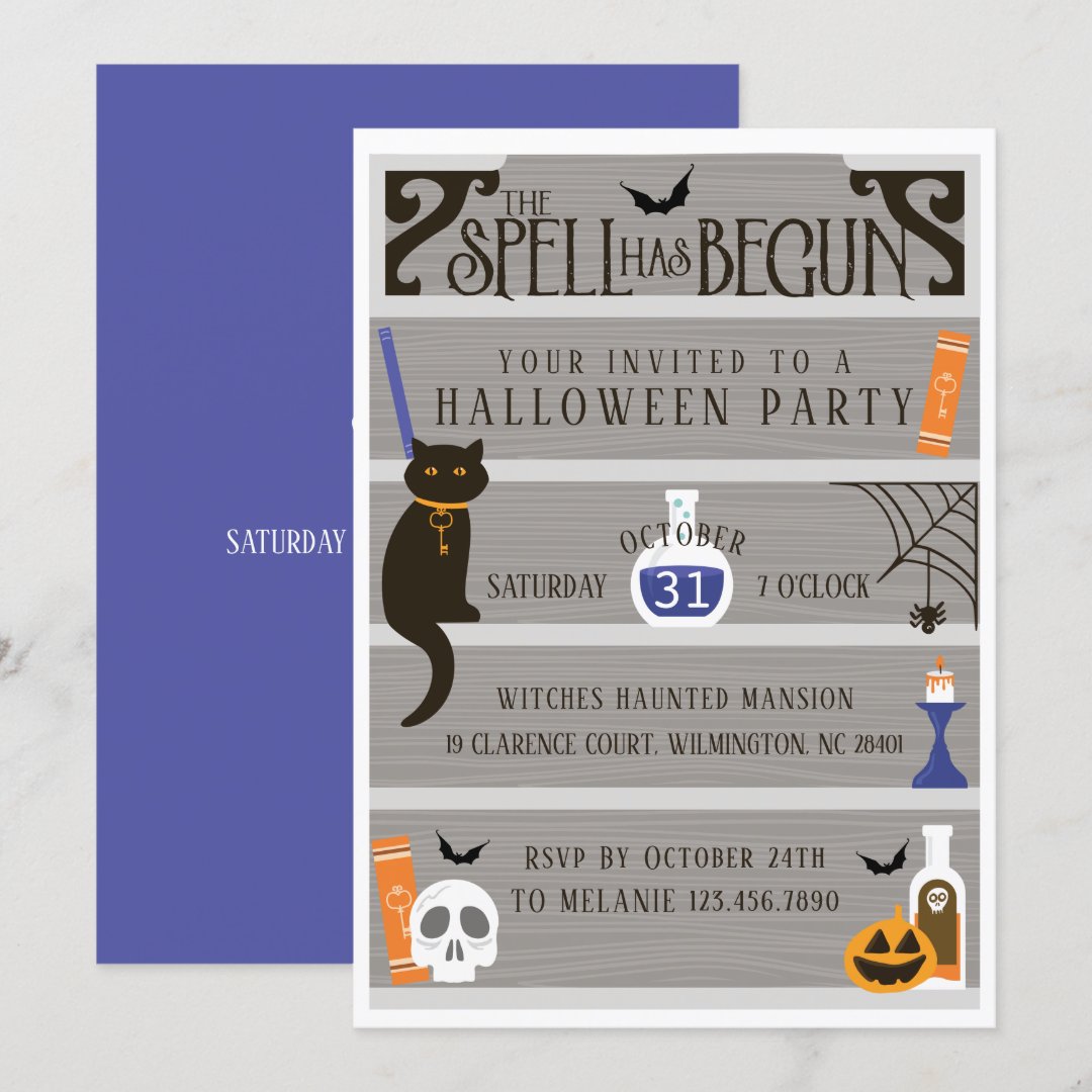 Hunted House Spell Bookshelf Halloween Party Invitation | Zazzle