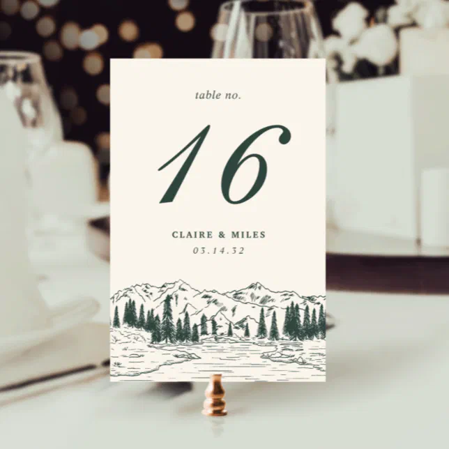 Hunter Green | Mountain Sketch Wedding Table Number | Zazzle
