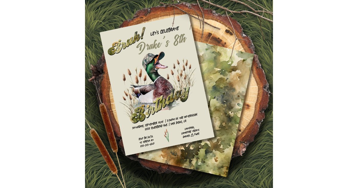 Hunting Camo Duck Bruh Birthday Campout Invitation | Zazzle