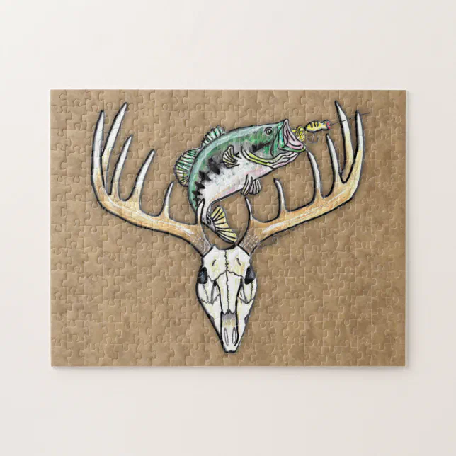 Hunting Fishing Bass jump over Deer Skull Antlers Jigsaw Puzzle | Zazzle