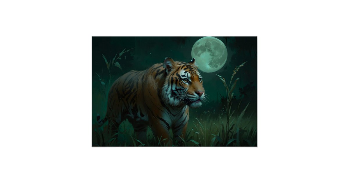 Hunting Tiger & Full Moon Poster | Zazzle
