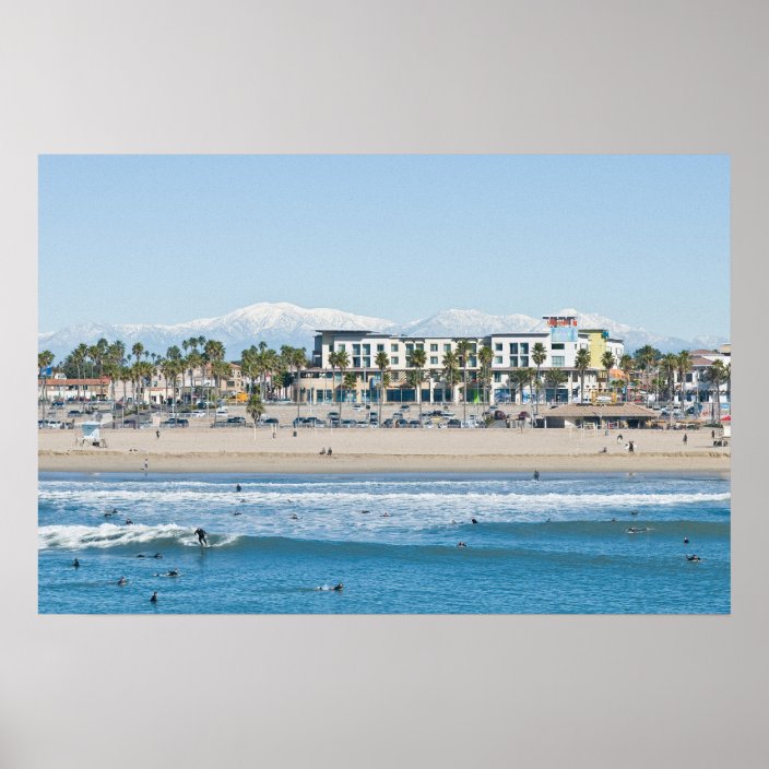 Huntington Beach and Snow Capped Mountains Poster | Zazzle.com