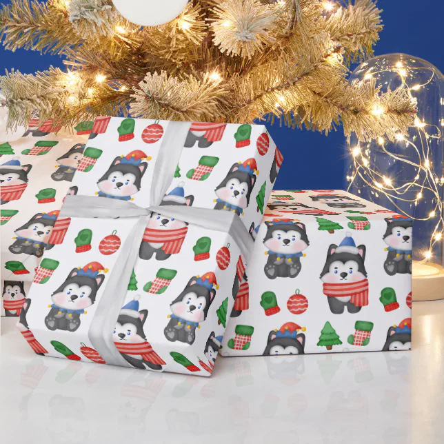 Husky Puppy Dog Santa Festive Holiday Christmas Wrapping Paper | Zazzle