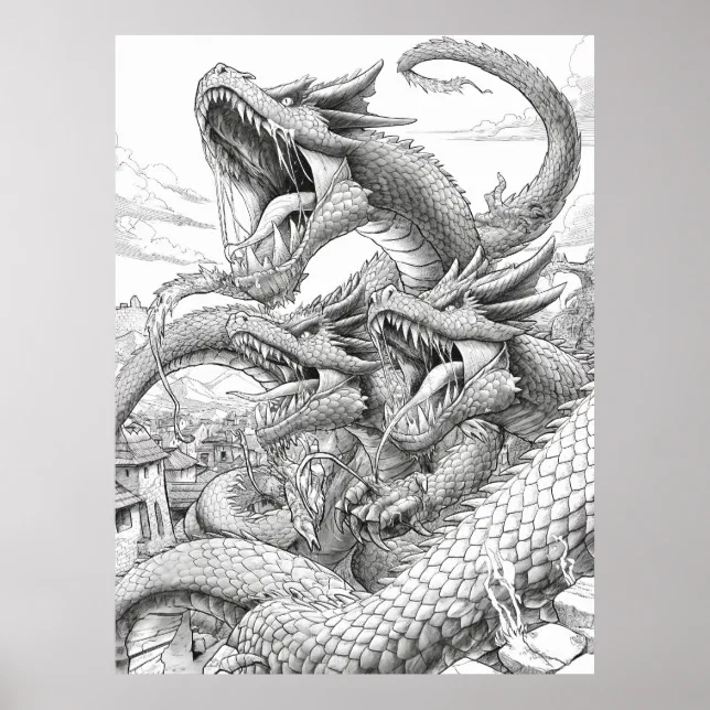 Hydra Coloring Book Page - Giant Snake Creature Poster | Zazzle