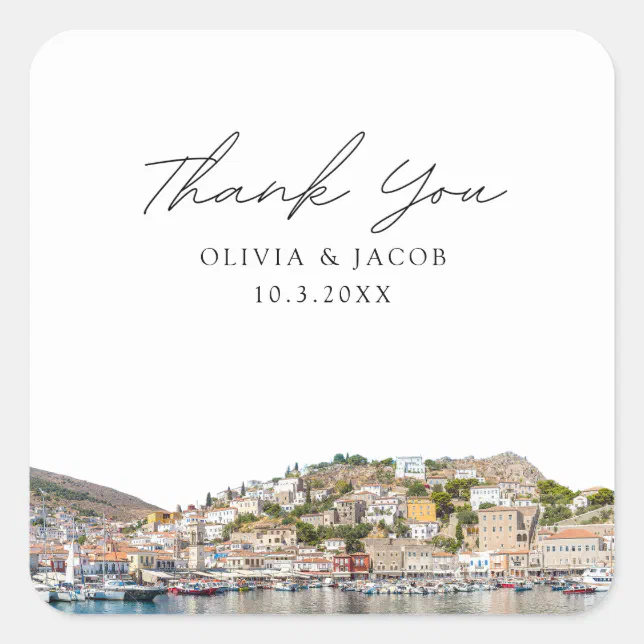 Hydra Greece Wedding Favor Thank You Square Sticker | Zazzle