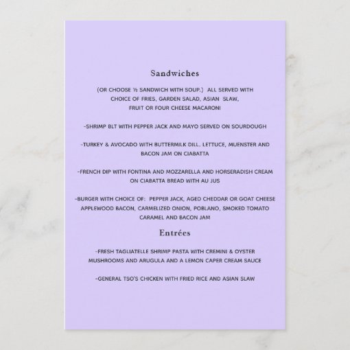 Hydrangea Blue and Light Lavender Wedding Menu | Zazzle