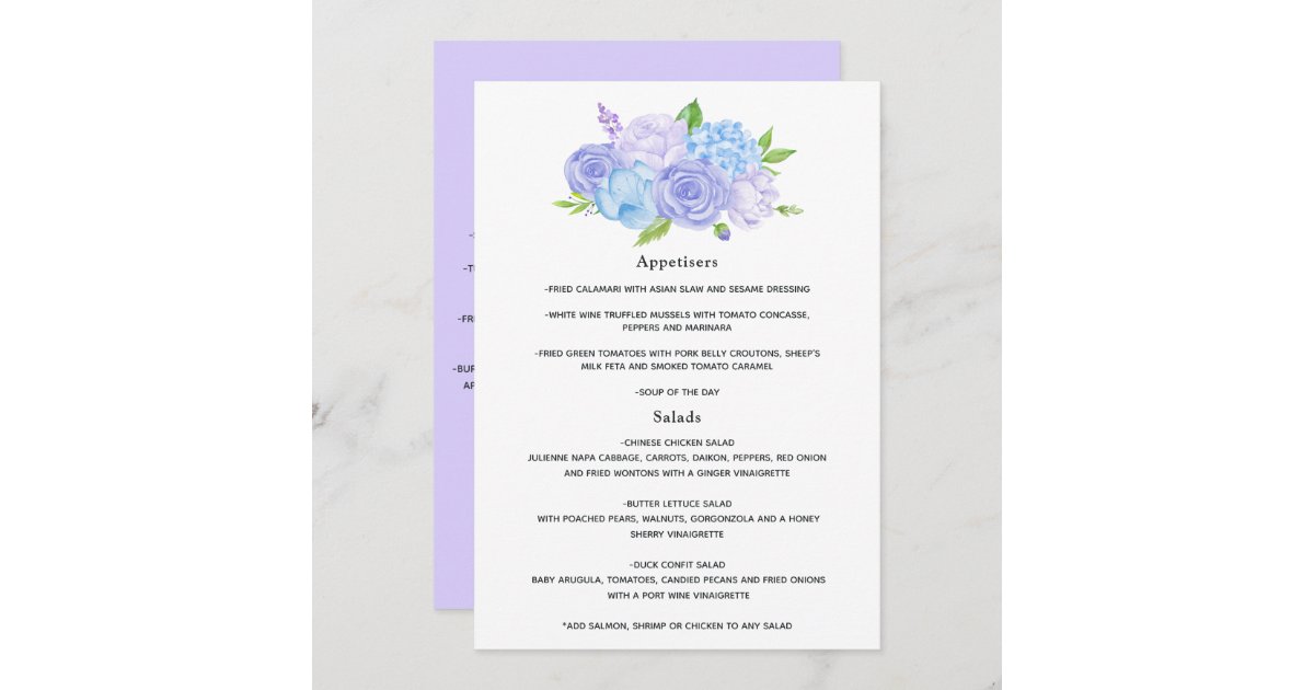 Hydrangea Blue and Light Lavender Wedding Menu | Zazzle