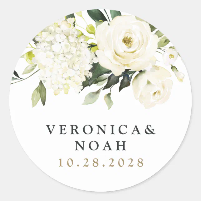 Hydrangea Elegant White Gold Rose Floral Wedding Classic Round Sticker ...