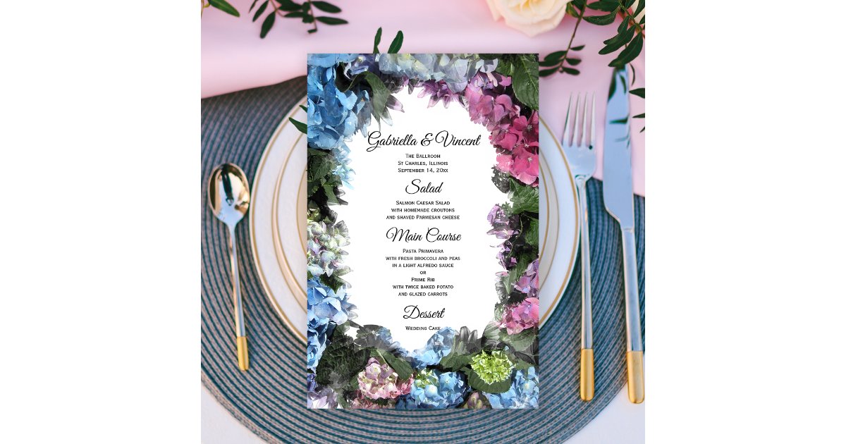 Hydrangea Flower Frame Wedding Menu | Zazzle