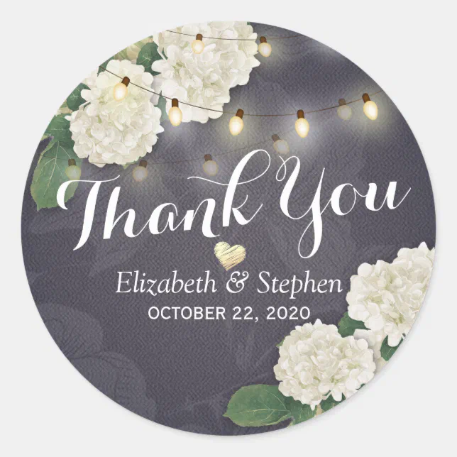 Hydrangea Flowers String Lights Wedding Thank You Classic Round Sticker ...