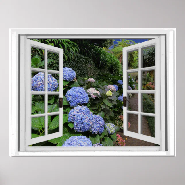 Hydrangea Garden View Faux Window Poster | Zazzle