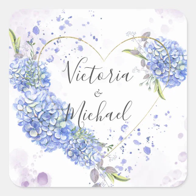 Hydrangea Heart Personalized Names Wedding Square Sticker | Zazzle