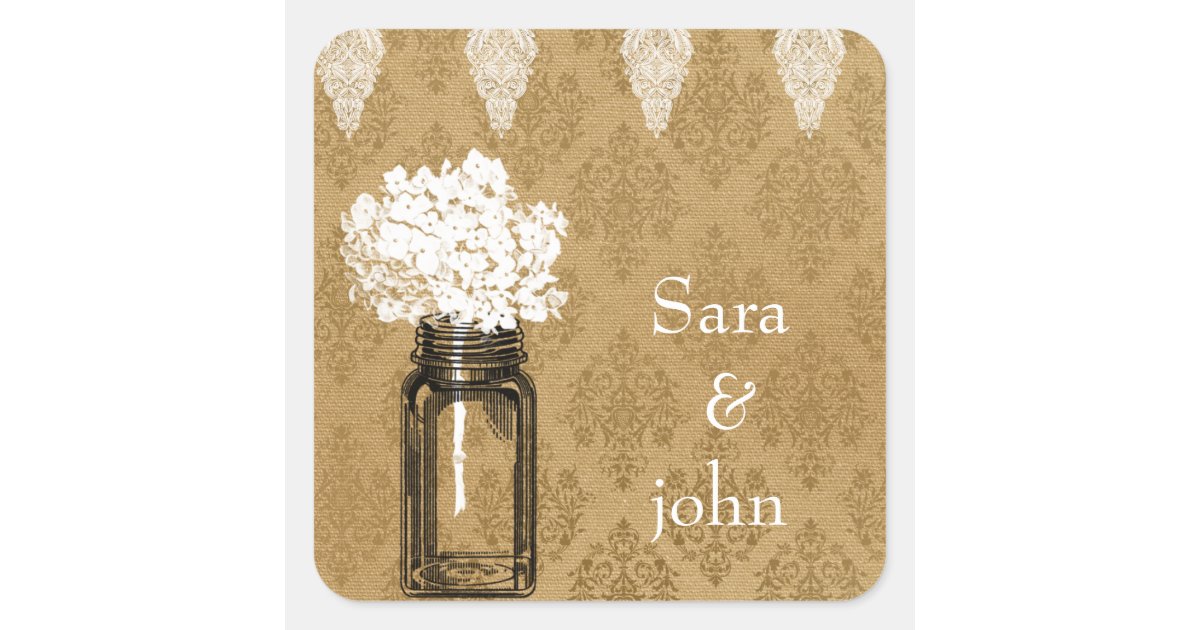 hydrangea in mason jar, burlap favor stickers | Zazzle