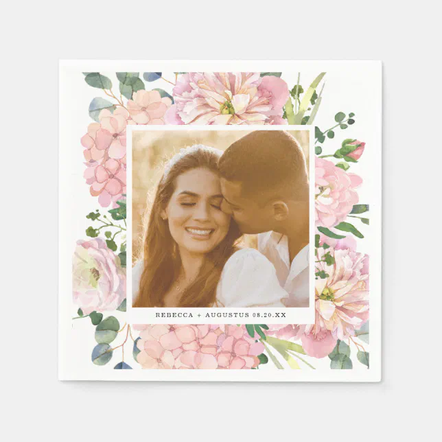 Hydrangea Rose Pink Watercolor Floral Photo Napkins | Zazzle