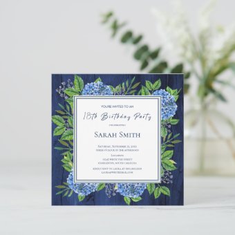 Hydrangeas Blue Rustic Wood 18th Birthday Party Invitation | Zazzle