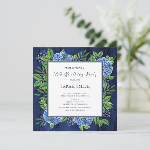 Hydrangeas Blue Rustic Wood 18th Birthday Party Invitation | Zazzle