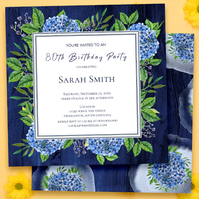 Hydrangeas Blue Rustic Wood 80th Birthday Party Invitation | Zazzle