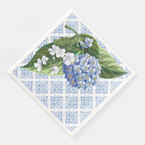 Hydrangeas Blue Tile Bridal Shower Napkins | Zazzle