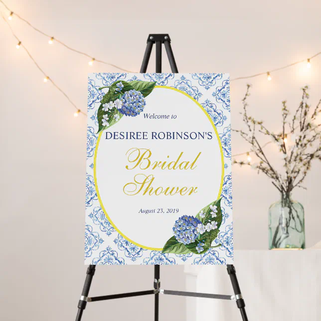Hydrangeas Blue Tile Bridal Shower Welcome Sign | Zazzle