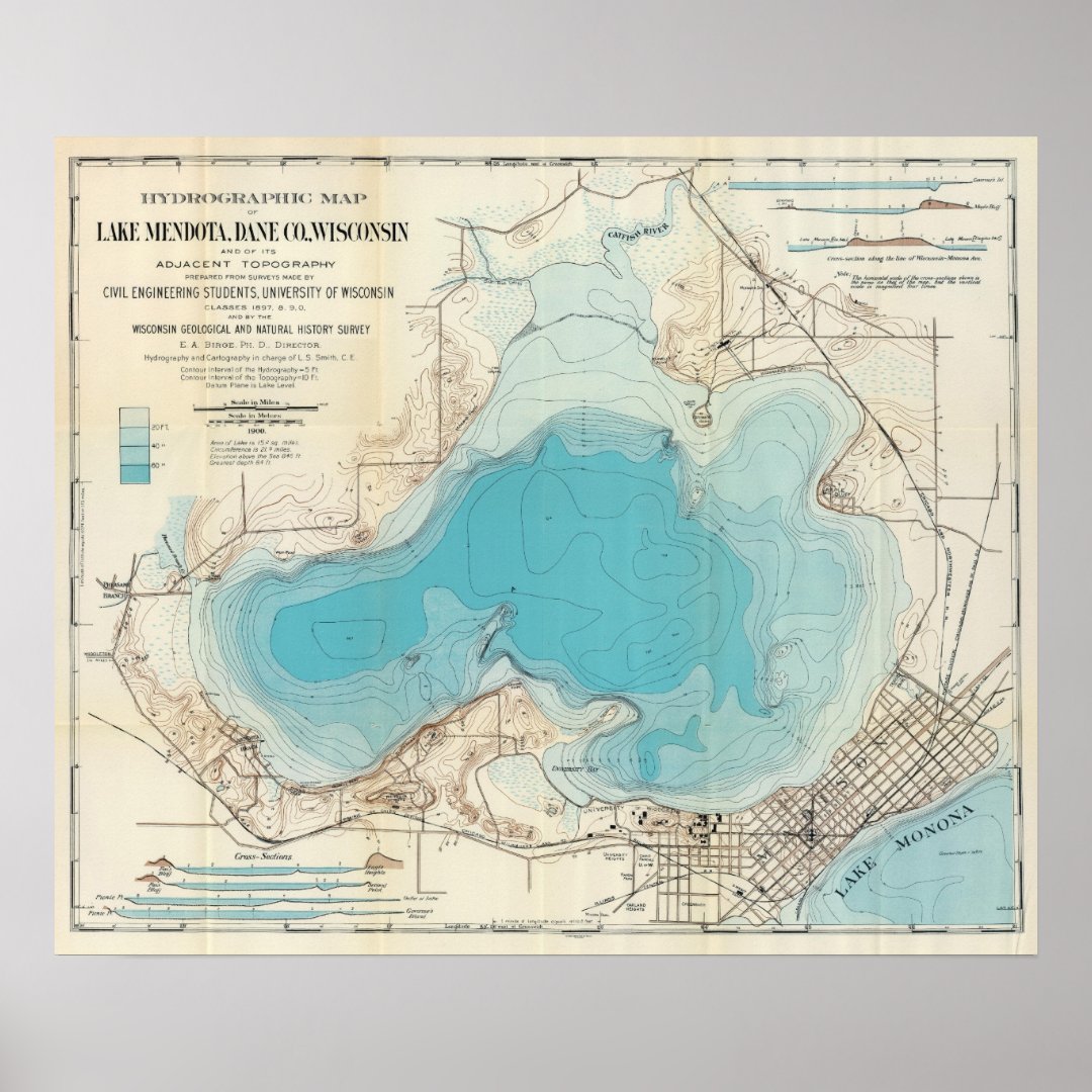 Hydrographic map Lake Mendota Poster | Zazzle