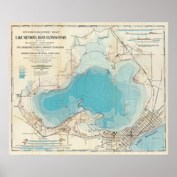 Hydrographic map Lake Mendota Poster | Zazzle.com