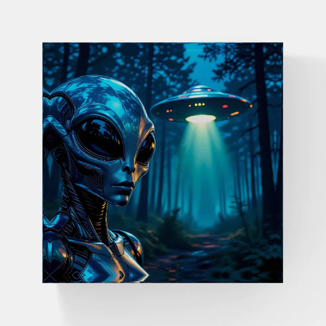 Hyper Realistic Alien and UFO in the Forest Paperweight | Zazzle