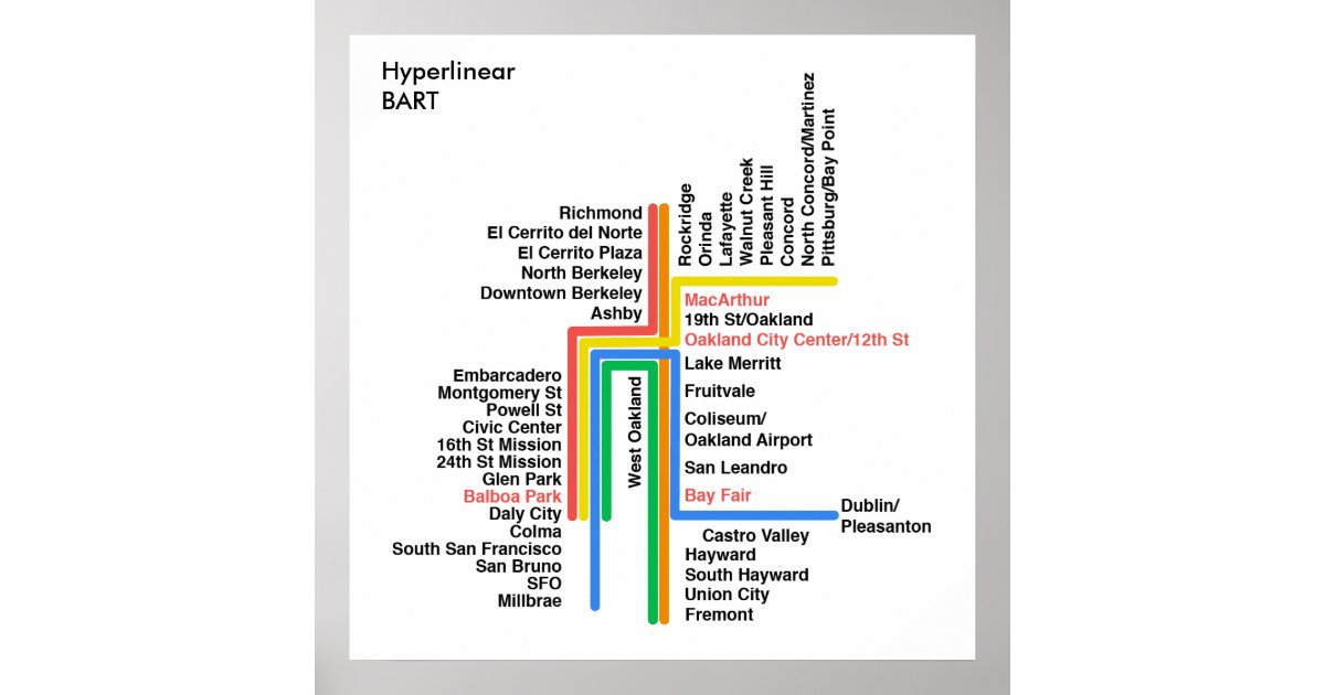 Hyperlinear BART map (white, label) Poster | Zazzle