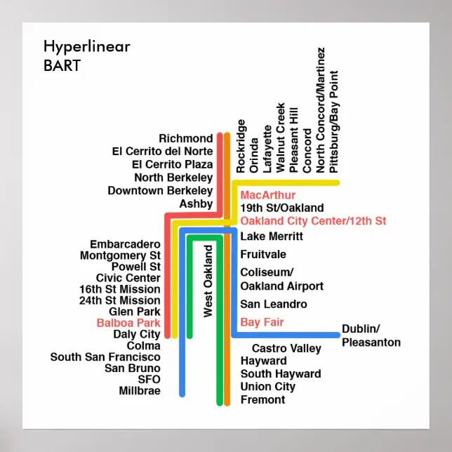 Hyperlinear BART map (white, label) Poster | Zazzle