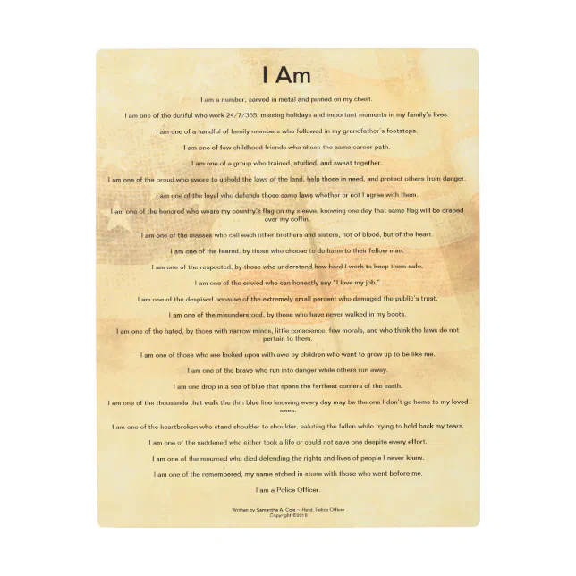 I Am (a Police Officer) Poem with Flag Background Metal Print | Zazzle