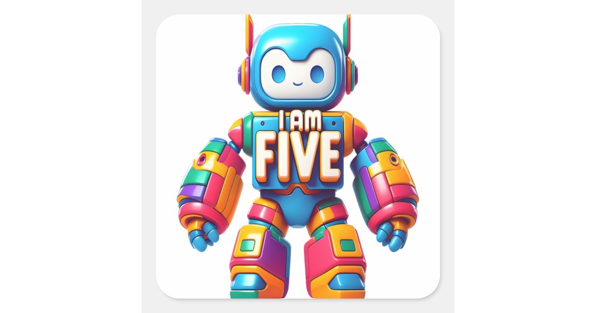I Am Five Robot for Kids 5th Birthday Tech Robotic Square Sticker | Zazzle