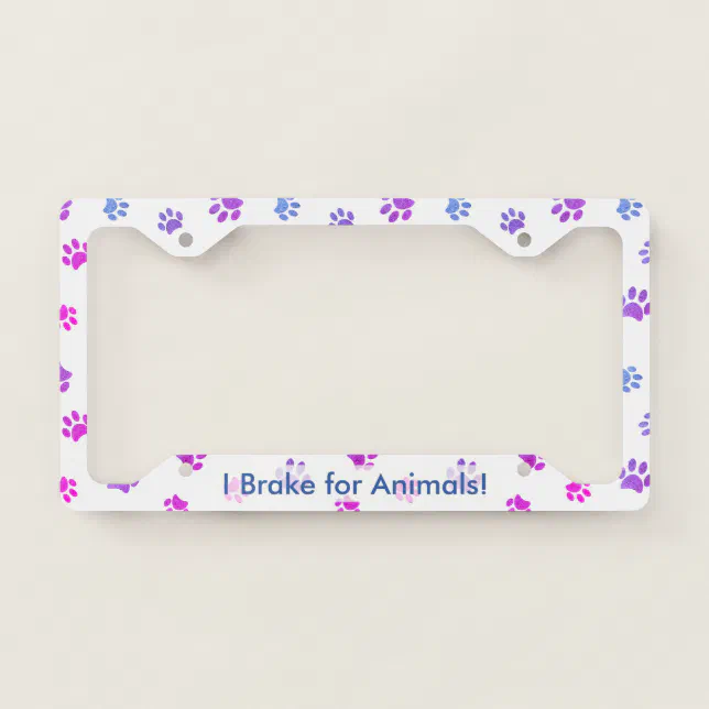 I Brake for Animals! Purple Pink Glitter Paw Print License Plate Frame ...