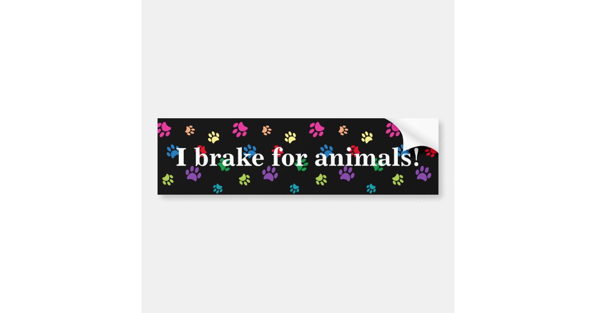 I Brake for Animals! Rainbow Painted Paws Black Bumper Sticker | Zazzle