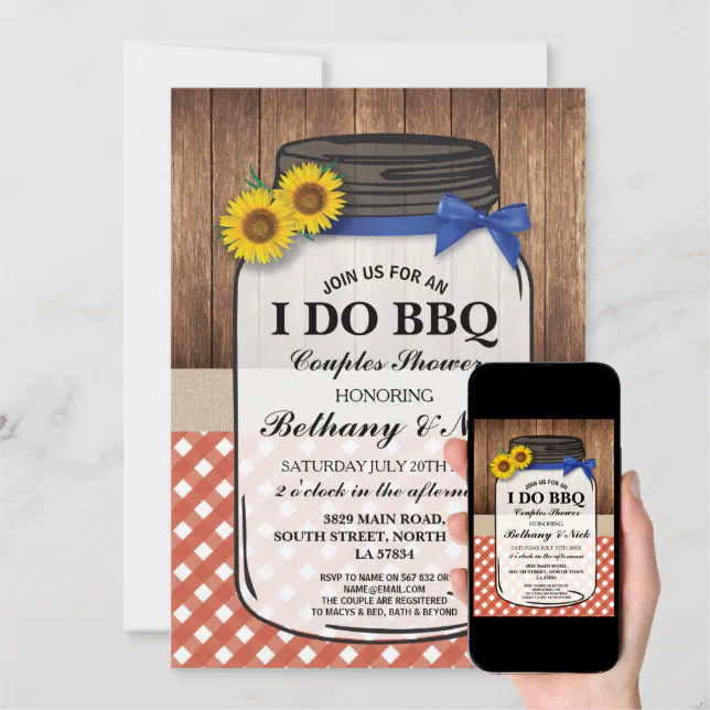I DO BBQ Couples Showers Rustic Jar Red Invite | Zazzle