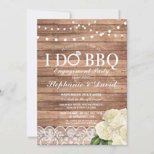 I DO BBQ Engagement Lace Lights Wood Panels Invite | Zazzle