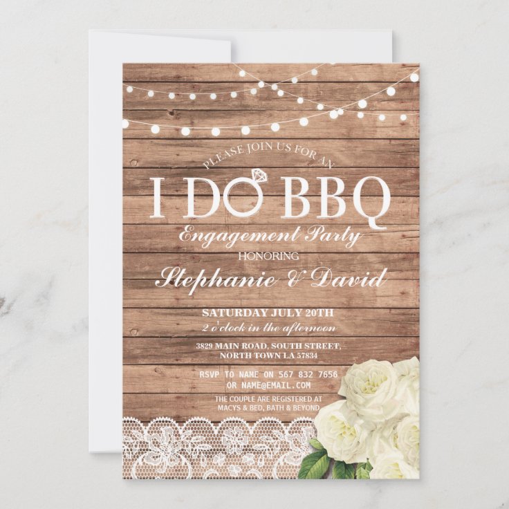 I DO BBQ Engagement Lace Lights Wood Panels Invite | Zazzle
