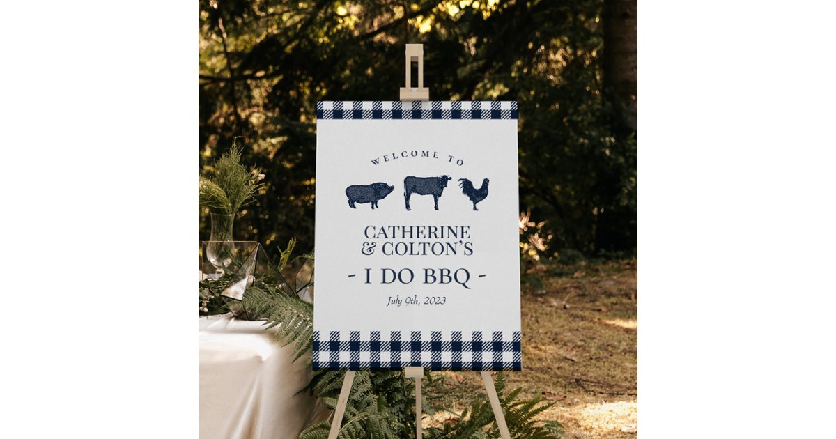 I Do BBQ Welcome Sign Vintage Blue Gingham | Zazzle