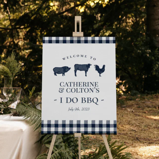 I Do BBQ Welcome Sign Vintage Blue Gingham | Zazzle
