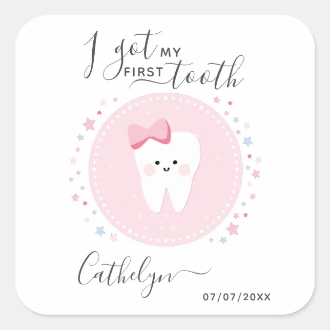 I got my first tooth Baby Girl Teething Date Square Sticker | Zazzle