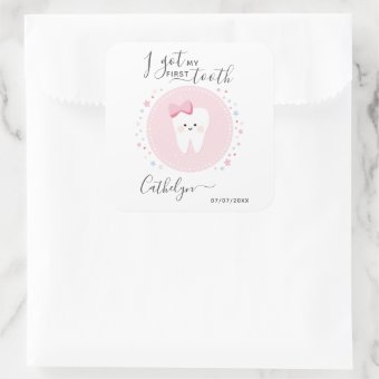 I got my first tooth Baby Girl Teething Date Square Sticker | Zazzle