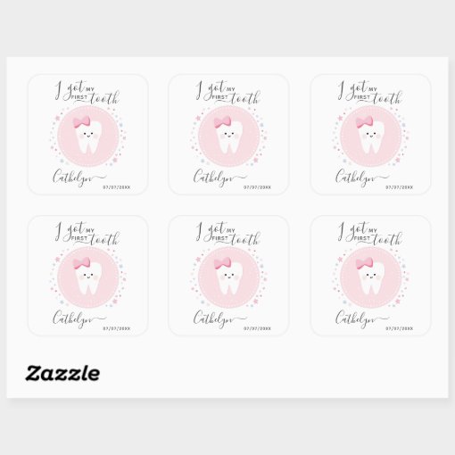 I got my first tooth Baby Girl Teething Date Square Sticker | Zazzle