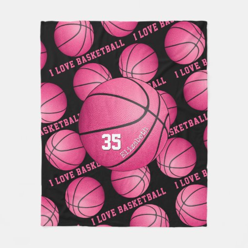 I love basketball girls pink basketballs pattern fleece blanket | Zazzle