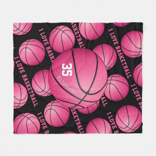 I love basketball girls pink basketballs pattern fleece blanket | Zazzle