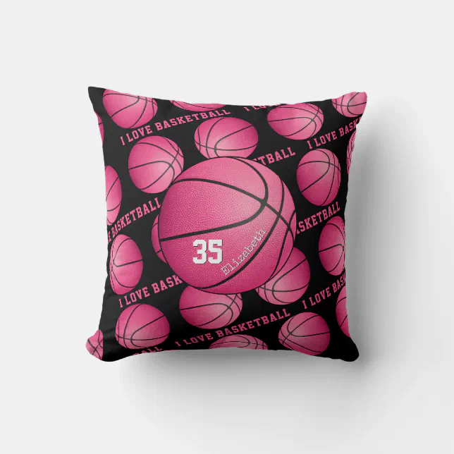 I love basketball girls pink basketballs pattern throw pillow | Zazzle