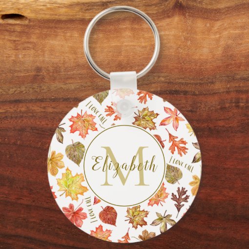 "I love fall" colorful autumn leaves personalized Keychain | Zazzle