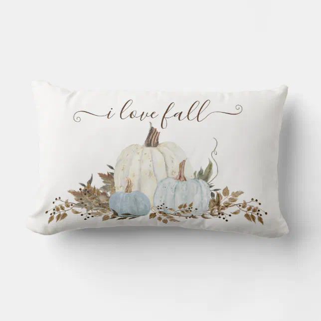 I Love Fall Dusty Blue White Pumpkins Country Lumbar Pillow | Zazzle