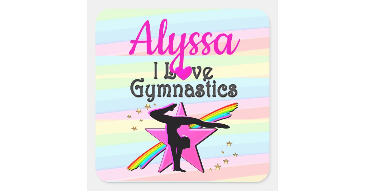 I LOVE GYMNASTICS SUPER STAR DESIGN SQUARE STICKER | Zazzle
