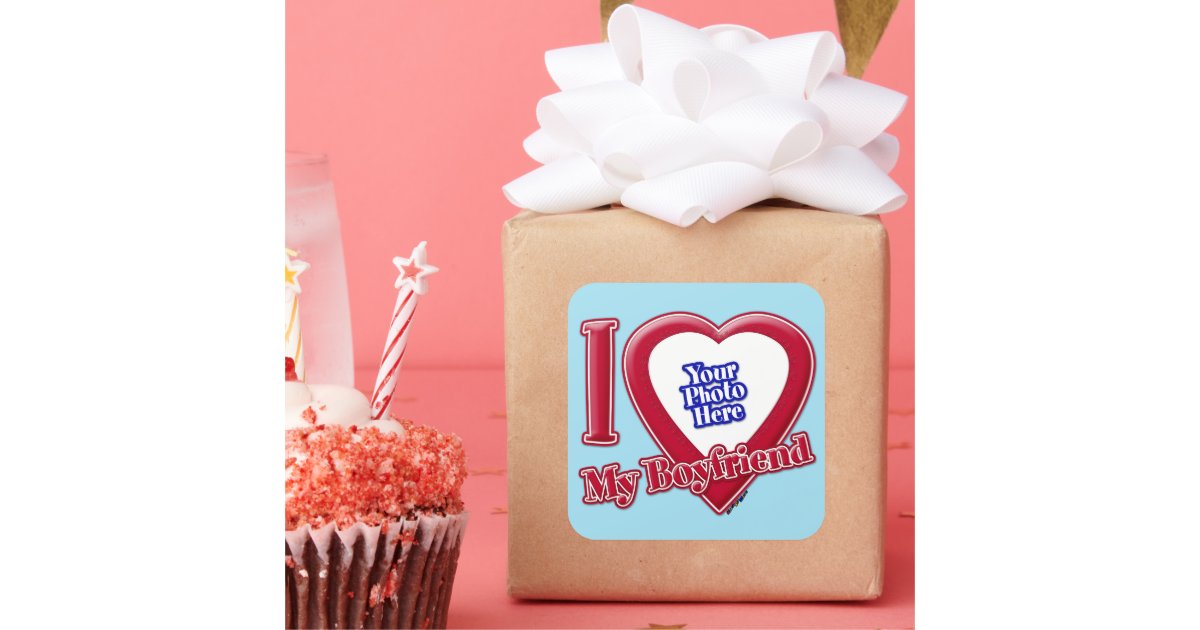 I Love My Boyfriend Photo Red Heart Blue Horizon Square Sticker | Zazzle